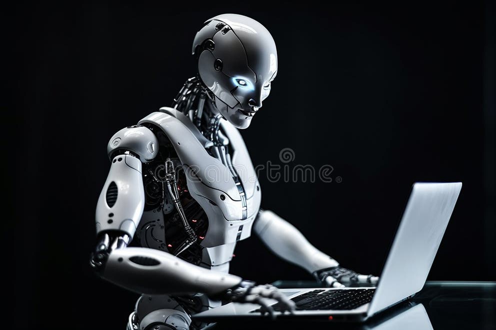 Futuristic Humanoid Robot, Sitting in Front of a Laptop and Texting ...