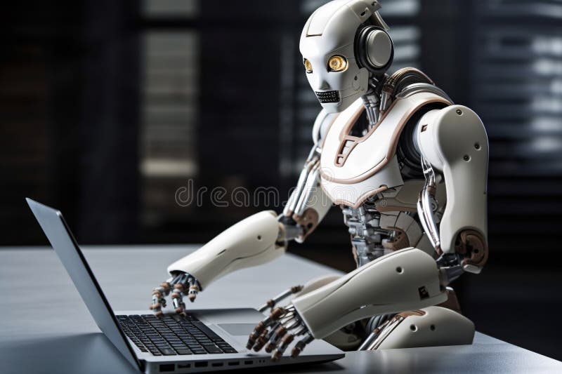 Futuristic Humanoid Robot, Sitting in Front of a Laptop and Texting ...
