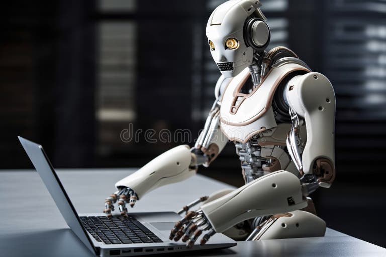 Futuristic Humanoid Robot, Sitting in Front of a Laptop and Texting ...