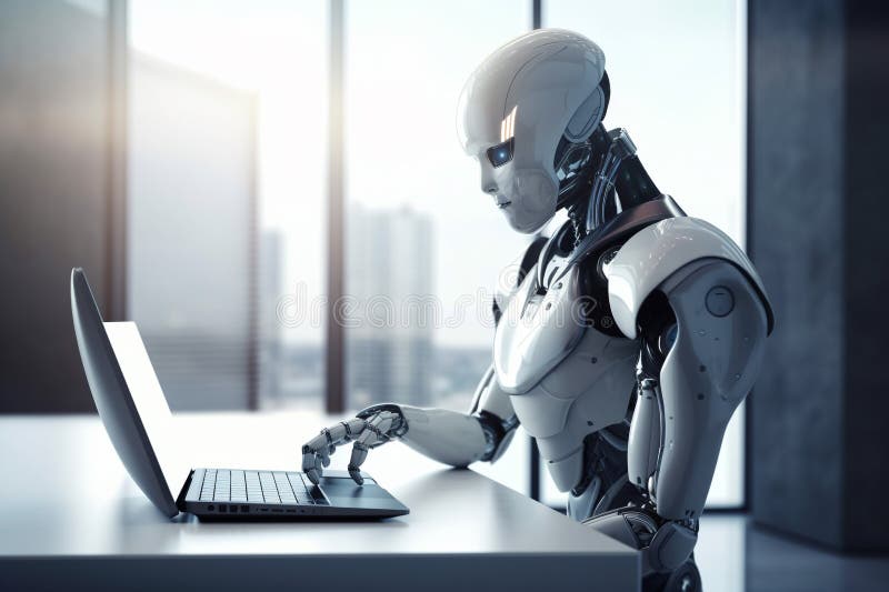 Futuristic Humanoid Robot, Sitting in Front of a Laptop and Texting ...