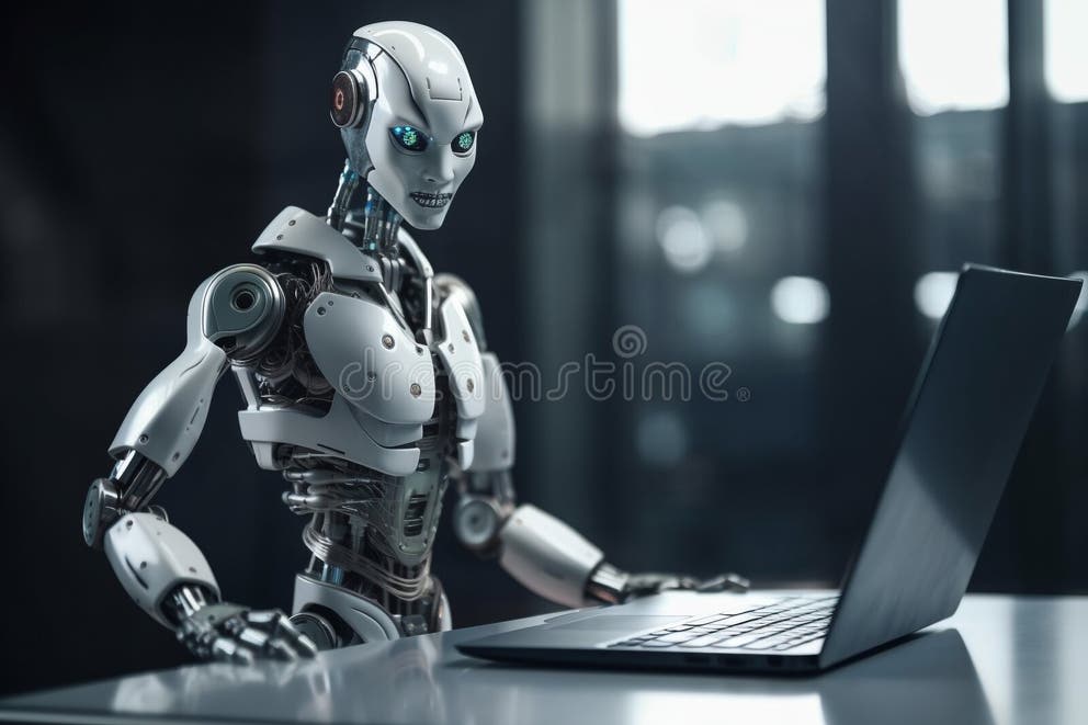 Futuristic Humanoid Robot, Sitting in Front of a Laptop and Texting ...