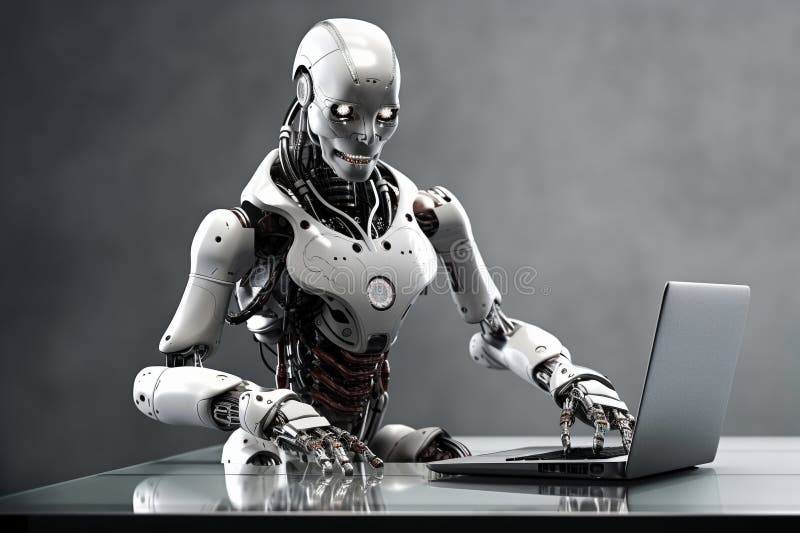 Futuristic Humanoid Robot, Sitting in Front of a Laptop and Texting ...