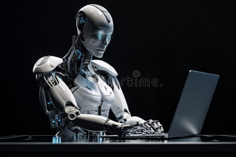 Futuristic Humanoid Robot, Sitting in Front of a Laptop and Texting ... Futuristic Humanoid Robot, Sitting in Front of a Laptop and Texting ...