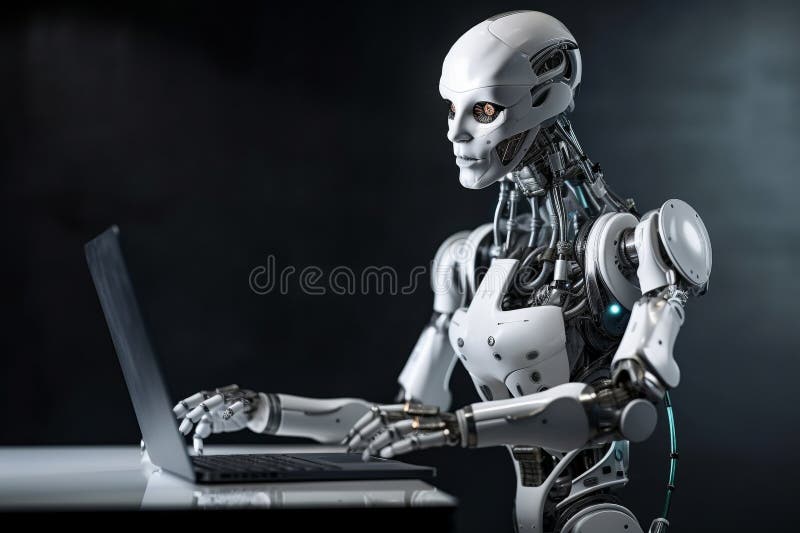 Futuristic Humanoid Robot, Sitting in Front of a Laptop and Texting ...
