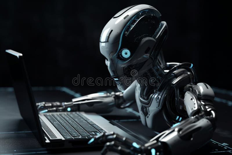 Futuristic Humanoid Robot, Sitting in Front of a Laptop and Texting ...