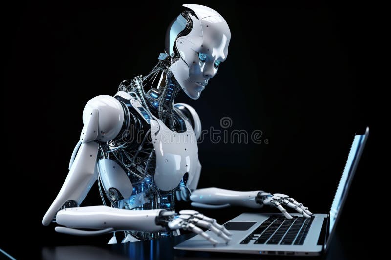 Futuristic Humanoid Robot, Sitting in Front of a Laptop and Texting ...
