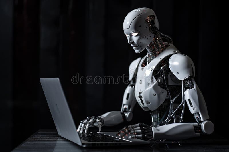 Futuristic Humanoid Robot, Sitting in Front of a Laptop and Texting ...