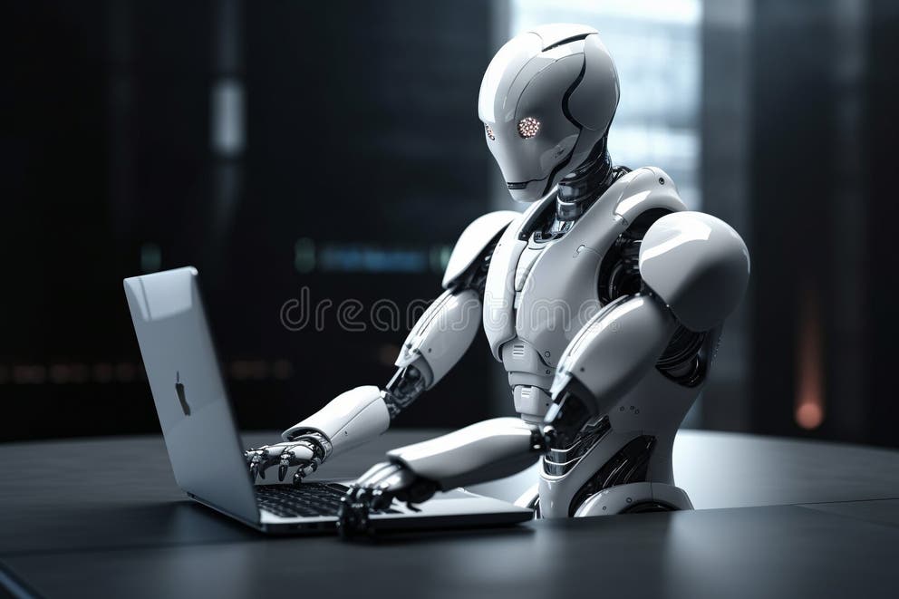 Futuristic Humanoid Robot, Sitting in Front of a Laptop and Texting ...