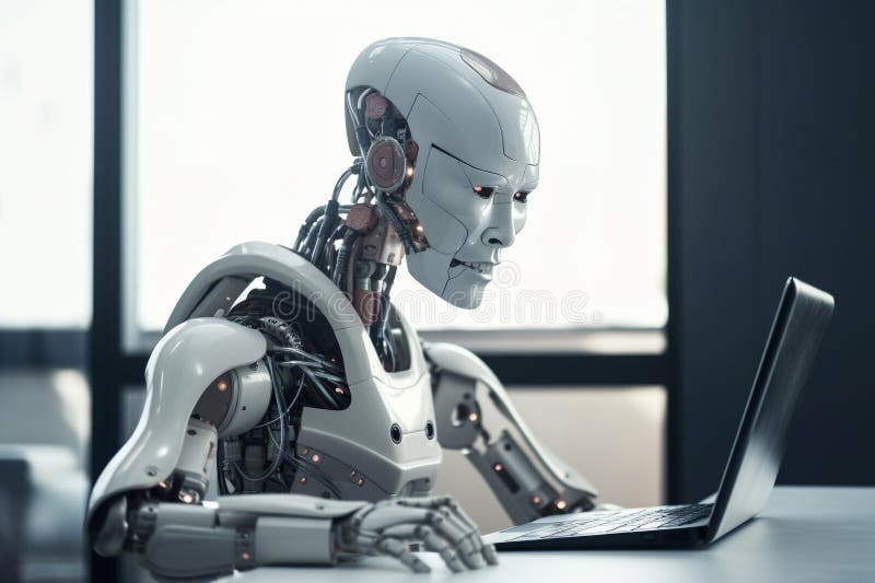 Futuristic Humanoid Robot, Sitting in Front of a Laptop and Texting ...