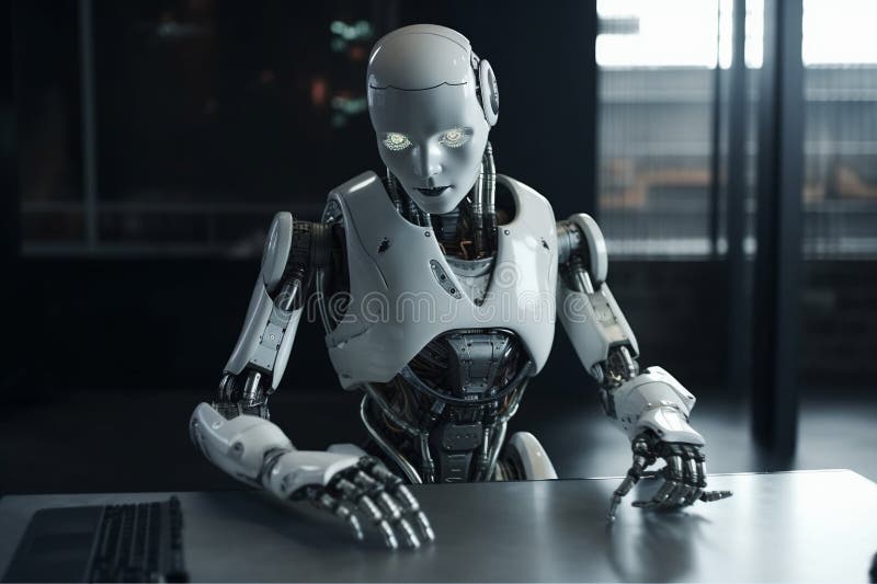 Futuristic Humanoid Robot, Sitting in Front of a Laptop and Texting ...