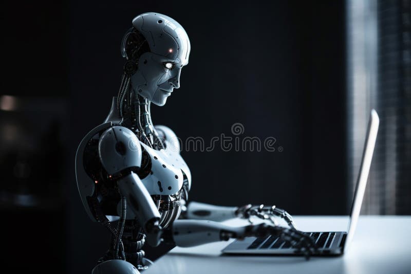 Futuristic Humanoid Robot, Sitting in Front of a Laptop and Texting ...
