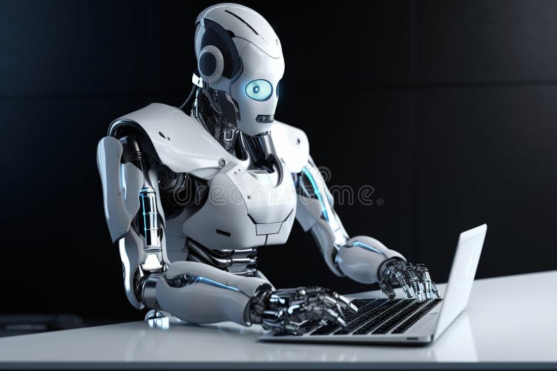 Futuristic Humanoid Robot, Sitting in Front of a Laptop and Texting ...