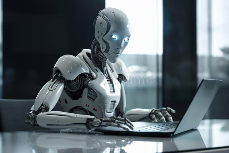 Futuristic Humanoid Robot, Sitting in Front of a Laptop and Texting ...