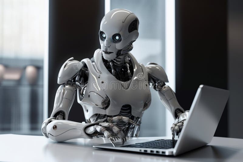 Futuristic Humanoid Robot, Sitting in Front of a Laptop and Texting ...