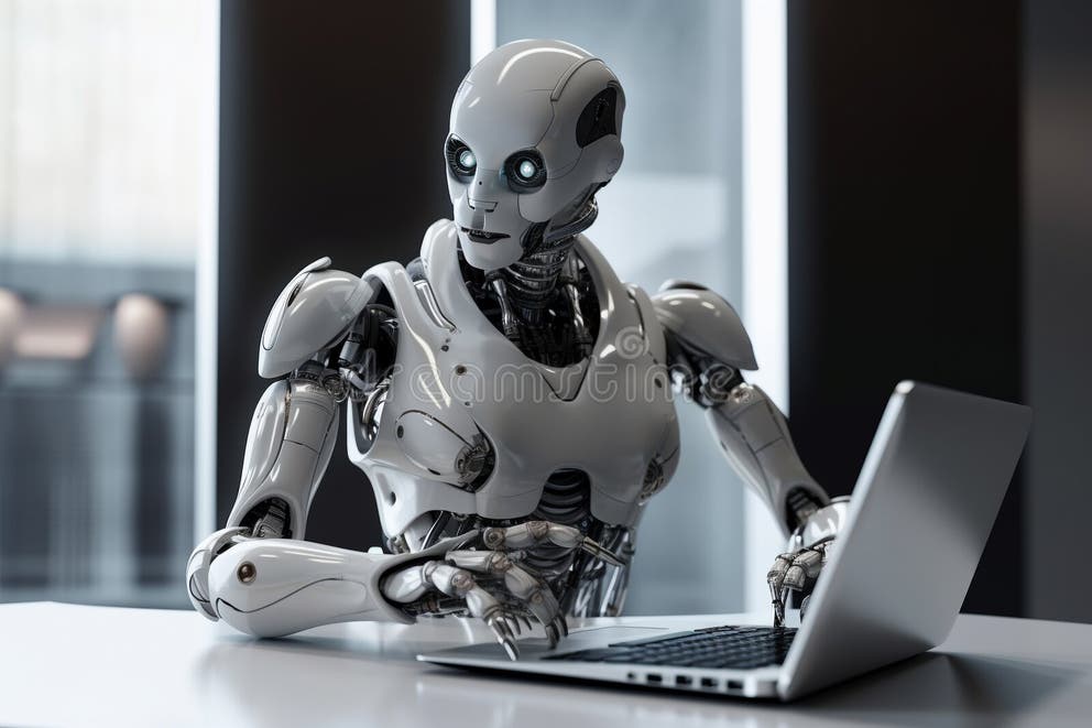 Futuristic Humanoid Robot, Sitting in Front of a Laptop and Texting ...