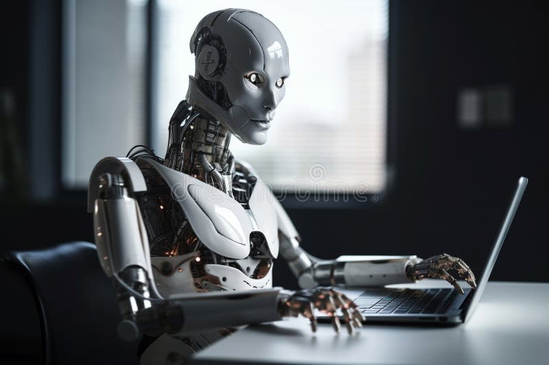 Futuristic Humanoid Robot, Sitting in Front of a Laptop and Texting ...