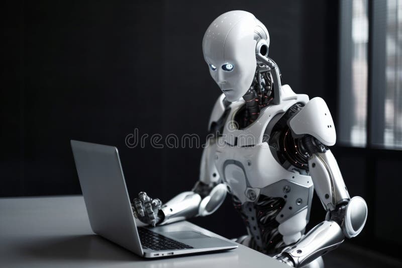 Futuristic Humanoid Robot, Sitting in Front of a Laptop and Texting ...