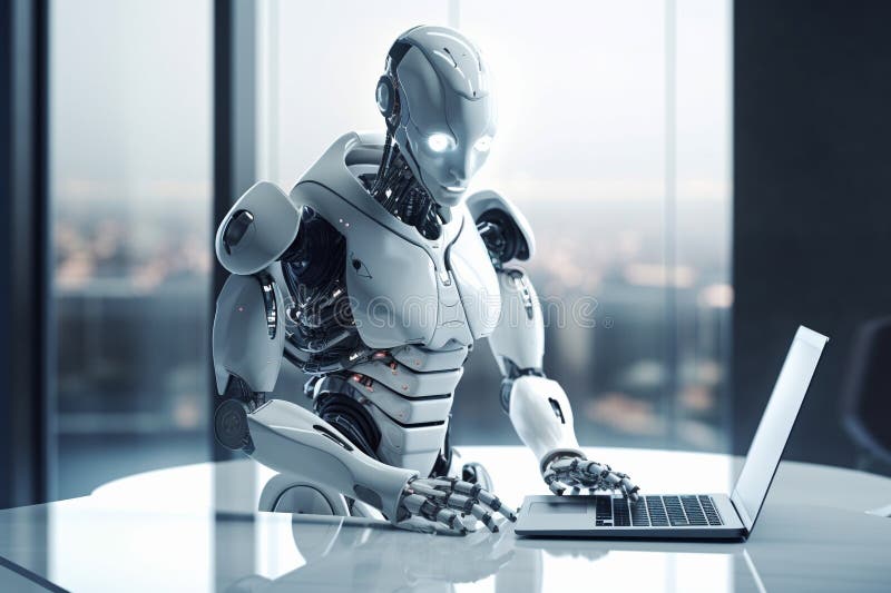 Futuristic Humanoid Robot, Sitting in Front of a Laptop and Texting ...