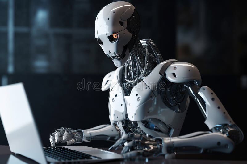 Futuristic Humanoid Robot, Sitting in Front of a Laptop and Texting ...