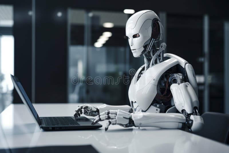 Futuristic Humanoid Robot, Sitting in Front of a Laptop and Texting ...