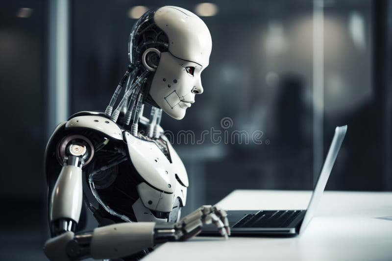Futuristic Humanoid Robot, Sitting in Front of a Laptop and Texting ...