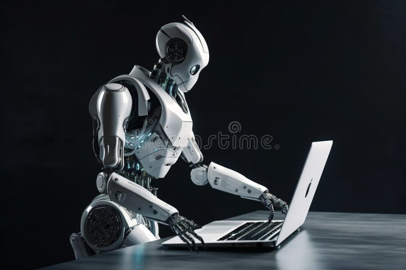 Futuristic Humanoid Robot, Sitting in Front of a Laptop and Texting ...