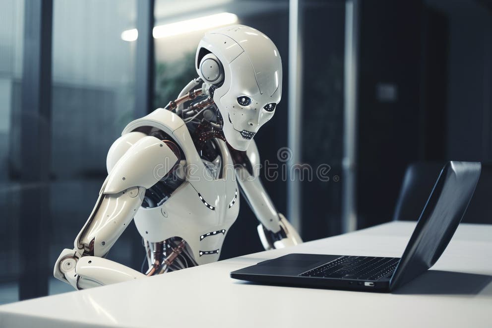 Futuristic Humanoid Robot, Sitting in Front of a Laptop and Texting ...
