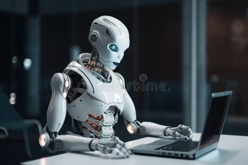 Futuristic Humanoid Robot, Sitting in Front of a Laptop and Texting ...