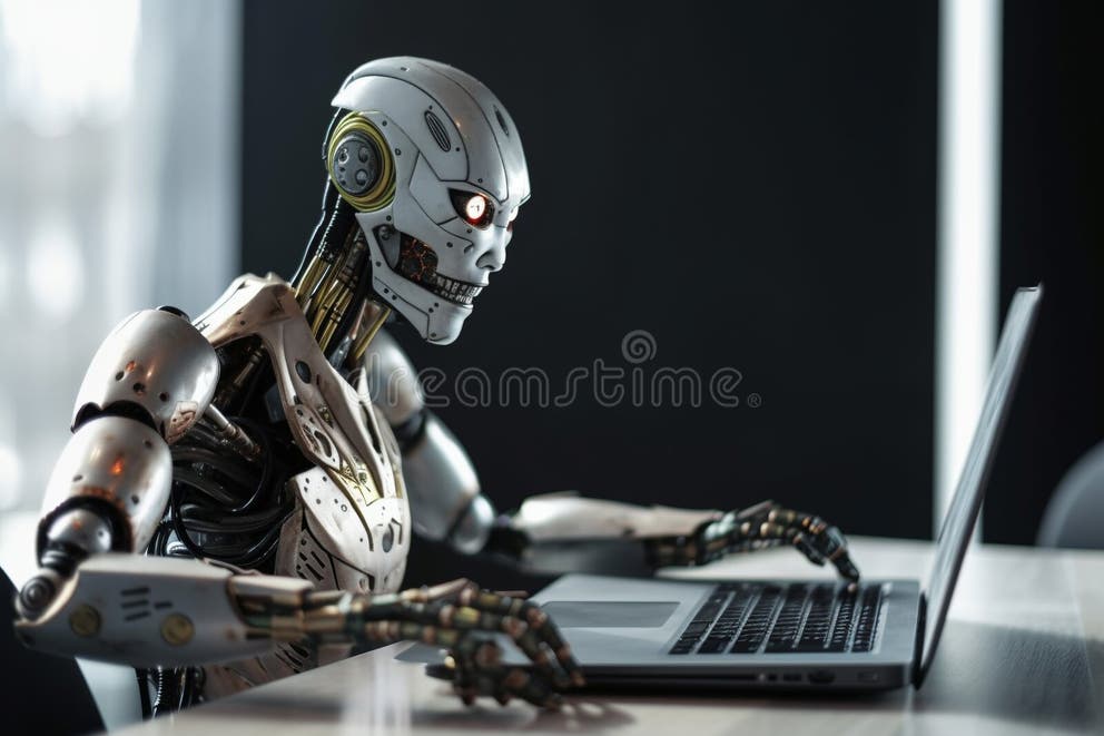Futuristic Humanoid Robot, Sitting in Front of a Laptop and Texting ...