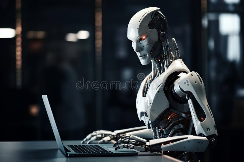 Futuristic Humanoid Robot, Sitting in Front of a Laptop and Texting ...