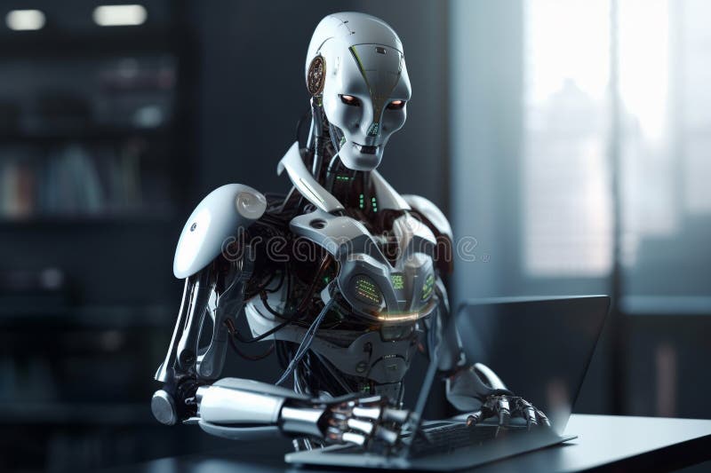 Futuristic Humanoid Robot, Sitting in Front of a Laptop and Texting ...