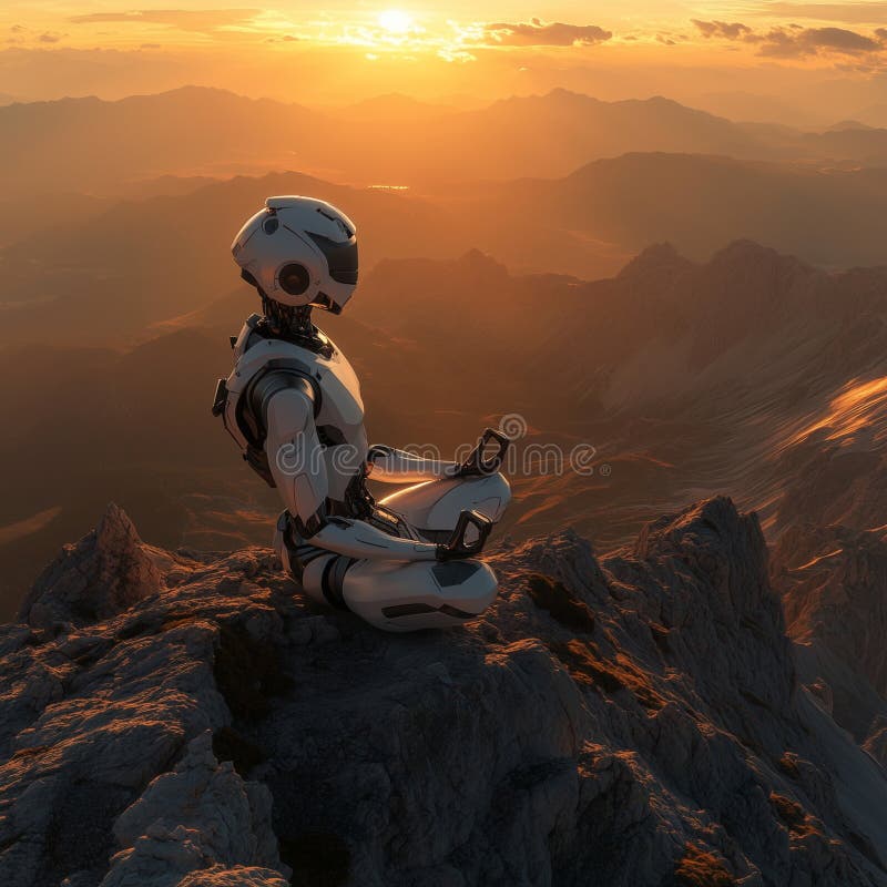 Humanoid Robot Meditating on a Mountain Peak at Sunrise, AI Generated ...