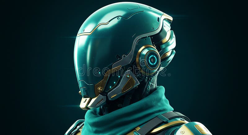 Futuristic Humanoid Robot with a Sleek Teal and Gold Helmet, Equipped ...
