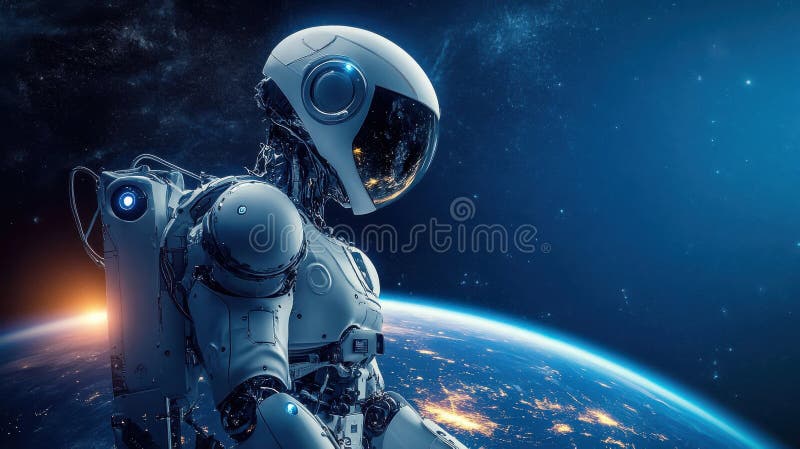 Futuristic Humanoid Robot in Space with Earth and Galaxy Backdrop ...