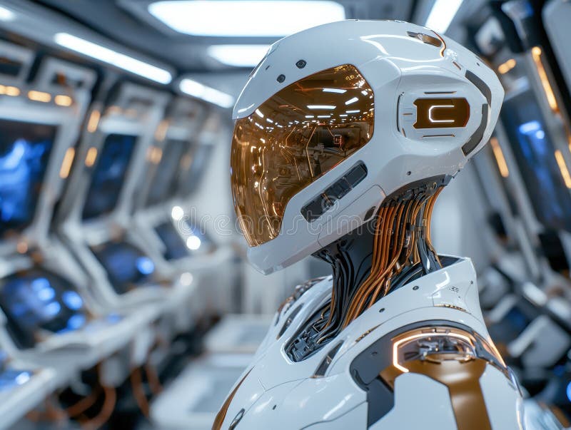 Futuristic Humanoid Robot in a Spaceship Interior. Stock Illustration ...