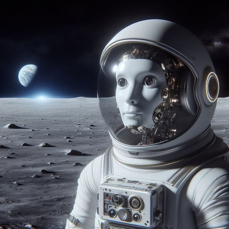 Futuristic Humanoid Robot in Spacesuit on the Moon Stock Photo - Image ...