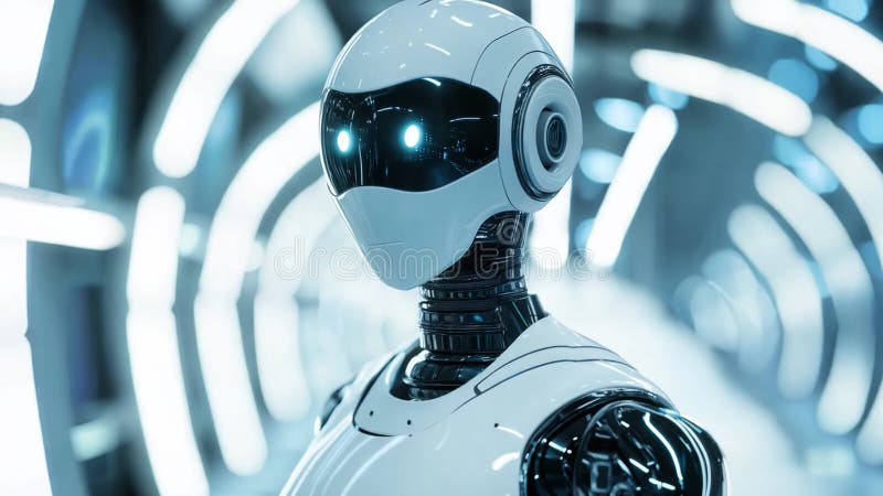 Futuristic Humanoid Robot Standing in a High-tech Environment with ... Futuristic Humanoid Robot Standing in a High-tech Environment with ...