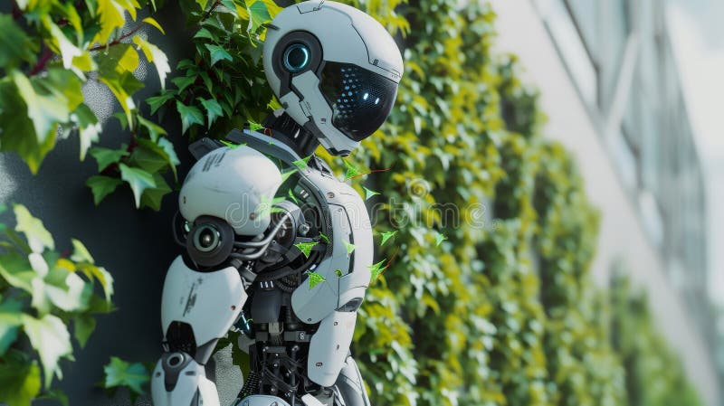 Futuristic Humanoid Robot Standing beside Ivy-covered Wall Outdoors ...