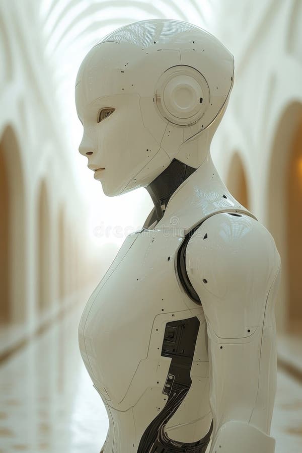Futuristic Humanoid Robot Stands Gracefully in an Elegant Hallway with ...
