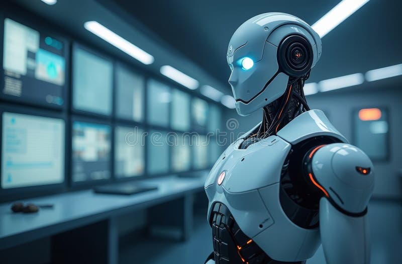 Futuristic Humanoid Robot Stands in a High-tech Control Room ...