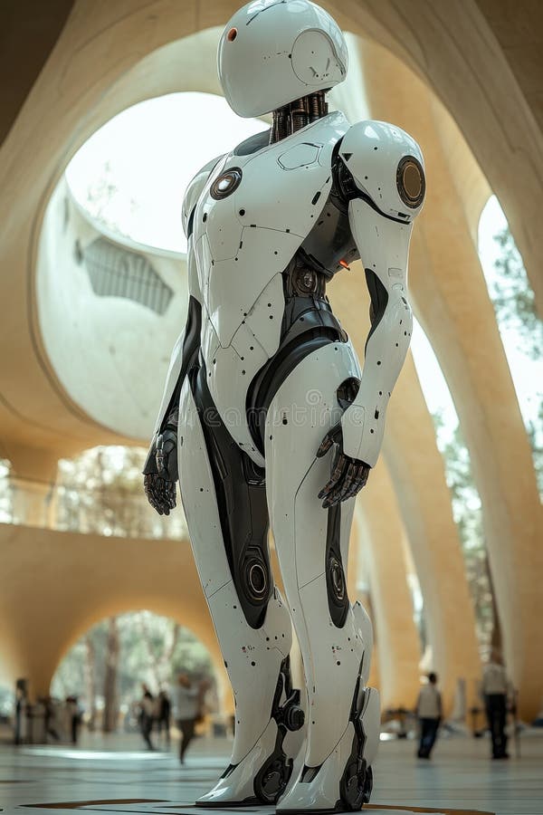 Futuristic Humanoid Robot Stands in a Modern Architectural Space Filled ...