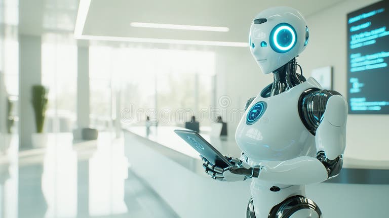 Futuristic Humanoid Robot with Tablet in Modern Office Environment ...