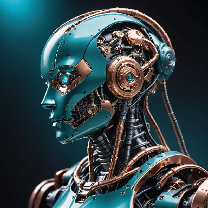 Futuristic Humanoid Robot with Teal Helmet and Exposed Copper ...