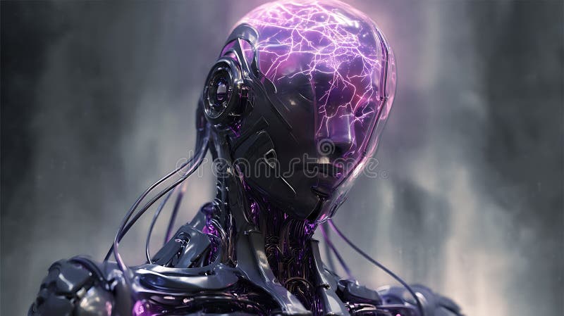 A Futuristic Humanoid Robot with a Translucent, Glowing Purple Head ...