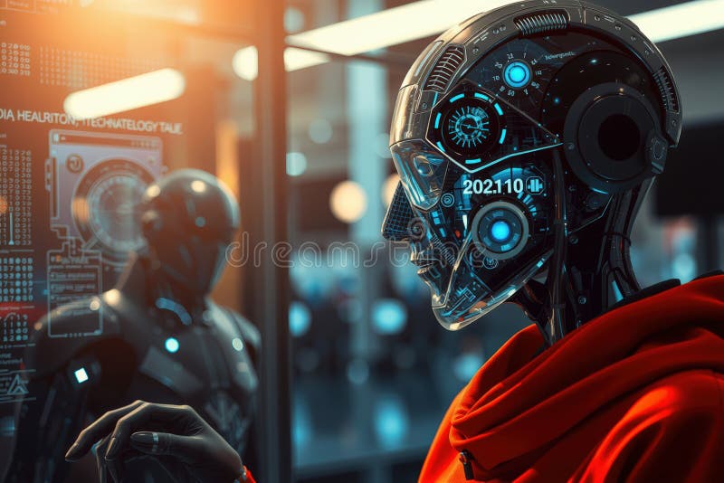 Futuristic Humanoid Robot with Transparent Head Displays Intricate ...