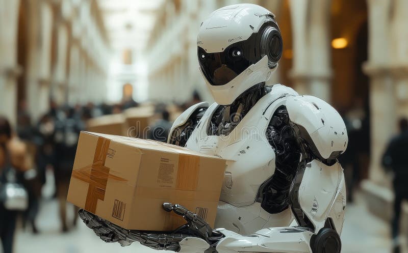 Futuristic Humanoid Robot Transporting Boxes in a Bustling Warehouse ...