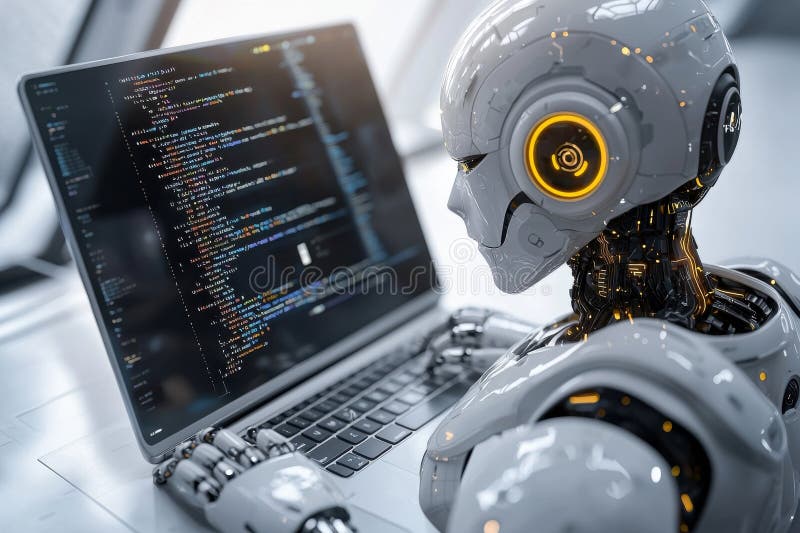 Futuristic Humanoid Robot Using a Laptop for Programming and Coding Stock Image - Image of ...
