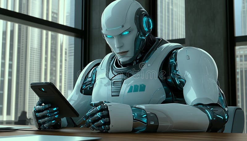 Futuristic Humanoid Robot Using Smartphone in Modern Office, Advanced ...