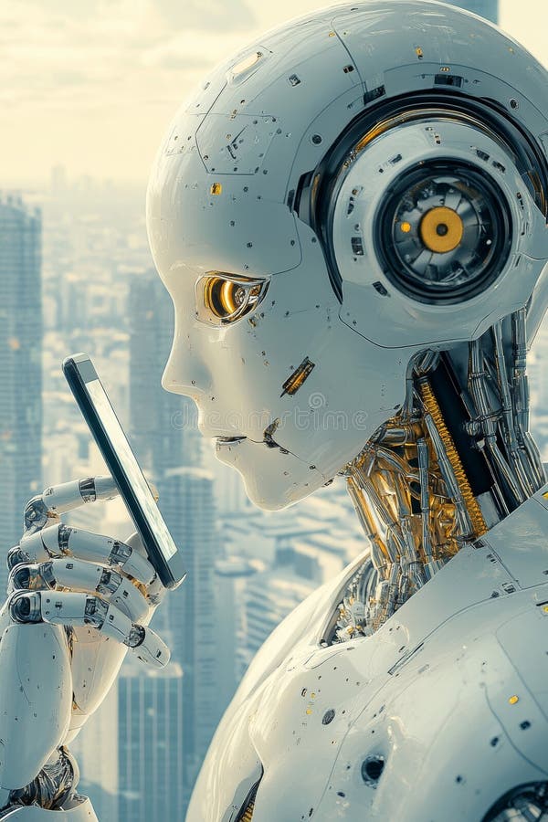 Futuristic Humanoid Robot Using Smartphone in Tech Office, Digital ...