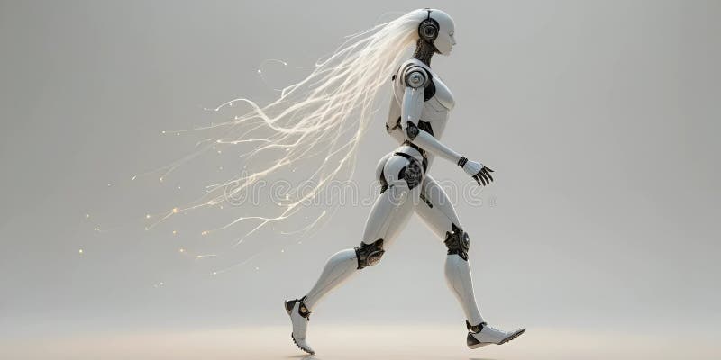 Futuristic Humanoid Robot Walking with Glowing Cables and Lights Stock ...